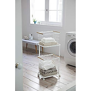 Yamazaki Home Laundry Basket Wagon-Large Storage Hamper Organizer | Steel + Wood | Short | Rolling Carts, White