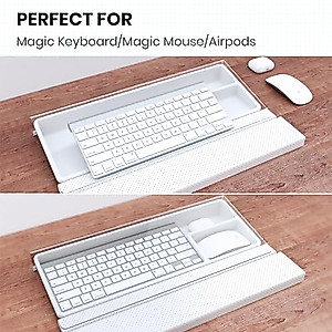 3 in 1 Keyboard Stand w/Wrist Rest and Storage Tray - Klearlook [Ultra Comfortable] PU Leather Wrist Pad & Acrylic Keyboard Riser, 16.9x7.3 inch Tilt Adjustable Computer Keyboard Stand Holder-White