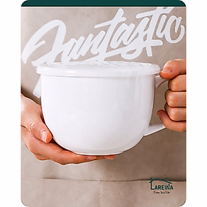 Lareina Large Soup Mugs 28 oz - Ceramic Cups With Anti-Heat Handle - Coffee Mugs Set With Vented Plastic Highly Sealed Lid Jumbo Soup bowl Microwave & Oven Safety - Set of 2 - White