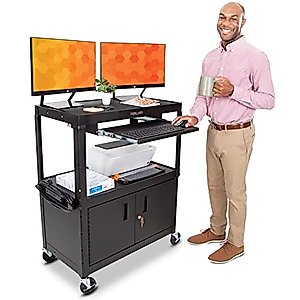 Line Leader Large AV Cart with Locking Cabinet | Height Adjustable Utility Cart | Includes Pullout Keyboard Tray & Cord Management | Easy Assembly (32in x 18in x 42in / Black)