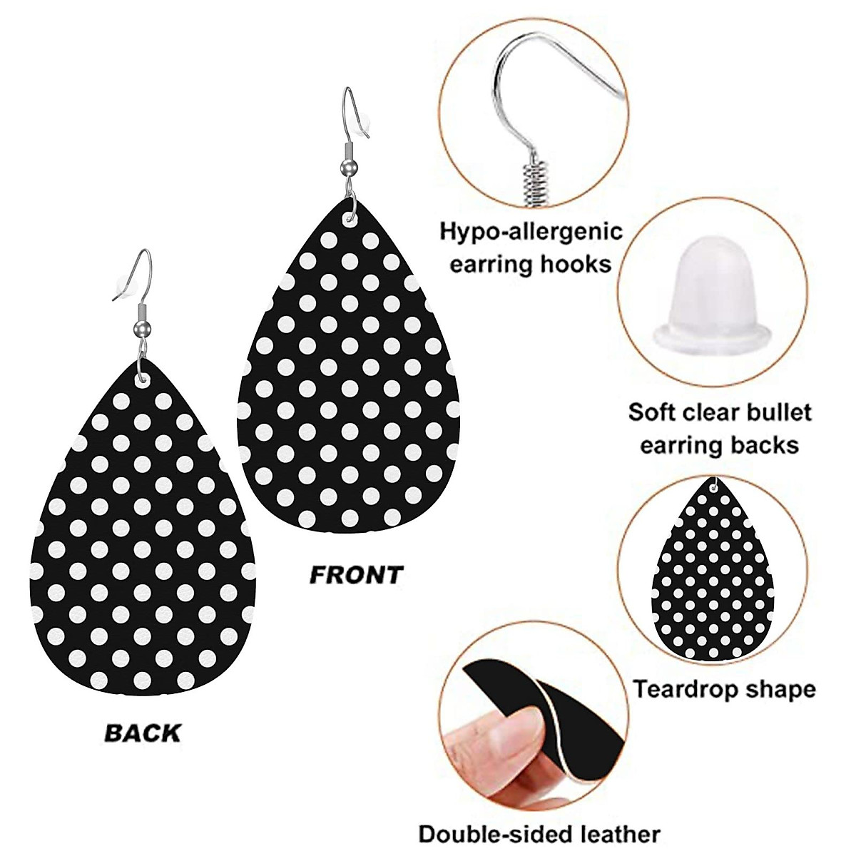 Black White Polka Dot Faux Leather Earrings For Women Lightweight Teardrop Dangle Earrings Gift