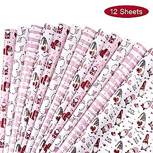 BIOBROWN Wrapping Paper Sheet - Pink with Gnome Design for Valentine's Day - Folded Flat - 19.6 inch X 27.5 inch per Sheet, Total of 12 Sheet
