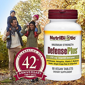 NutriBiotic – DefensePlus, 90 Tablets - 11 in 1 Immune Support with Vitamin C, Zinc, Grapefruit Seed Extract, Echinacea, Astragalus Root & Immune Boosting Extracts & Mushrooms - Vegan & Gluten Free