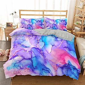 Jingzhang Tie Dye Bed Set Colorful Marble Teen Girl Bedding Watercolor Pastel Pink Blue Purple Duvet Cover Set Marble Abstract Kids Bed Set 3 Piece Bright Girly Bedspreads (King)