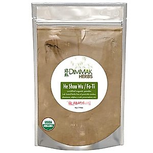 Dimmak Herbs Organic Fo Ti Root Raw Chinese Herb Powder - Cure/Prepared USDA Organic He Shou Wu (Polygonum Multiflorum Preperata) Add to Water or Smoothie 1 4oz/112g Bag