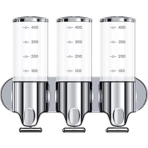 3 in 1 Bathroom Shampoo and Conditioner Dispenser with Waterproof Labels - Drill Free Shower Soap Dispenser Wall Mounted for Home Hotel RV | 3x17oz Refillable Bottles