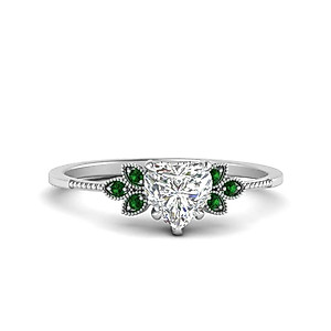 Gemsonclick Leaf Diamond Engagement Ring Sterling Silver Created Emerald Heart Shape Green Color Vintage Engagement Rings Prong Setting in Size 8 Party Wear Daily Wear Ornament