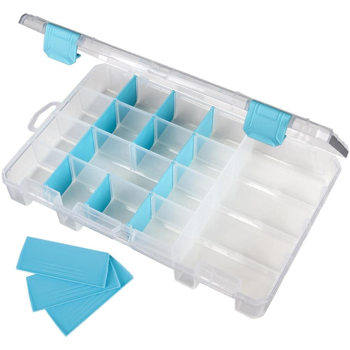 ArtBin 6944AG Medium Anti-Tarnish Box with Removable Dividers, Jewelry & Craft Organizer, [1] Plastic Storage Case with Anti-Tarnish Technology, Clear with Aqua Accents