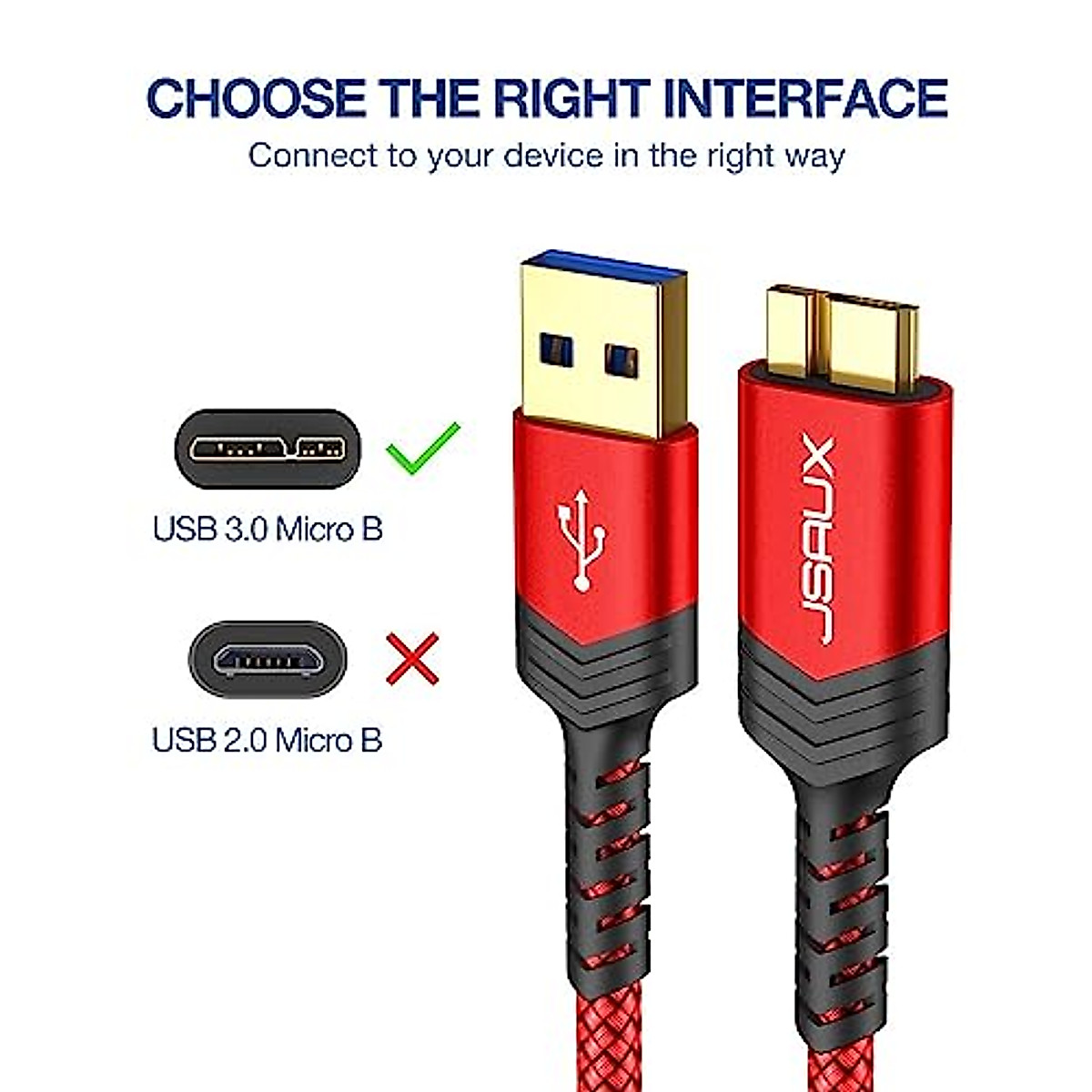 JSAUX Hard Drive Cable [2 Pack,0.3M+1M] USB 3.0 A to Micro B Nylon Cable Compatible with Portable External Hard Drives,WD Elements,Seagate Expansion,Toshiba,Samsung M3 1TB/Galaxy S5/Note 3-Red