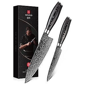 XINZUO Damascus 2Pcs Kitchen Knife Set, Hand Forged 67 Layers Damascus steel Chef Knife Utility Knife, Special cooking knife for restaurant kitchen, Ergonomic Pakkawood Handle - YA Series