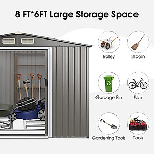 Goplus 8.5’ x 6.8’ x 6’ Outdoor Storage Shed, Weather-Resistant Utility Storage House w/Foundation, 4 Air Vents, Double Doors & Ramp, Galvanized Steel Tool Shed for Garden, Lawn, Patio, Yard