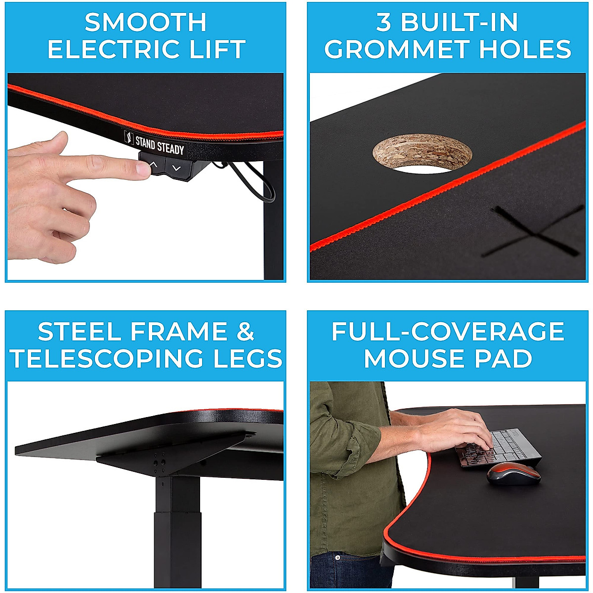 Stand Steady Tranzendesk Power | 63in Electric Gaming Desk | Extra Large Height Adjustable Electric Standing Desk | Ergonomic Computer Desk with 3 Monitor Mount Grommet Holes & Full Size Mouse Pad