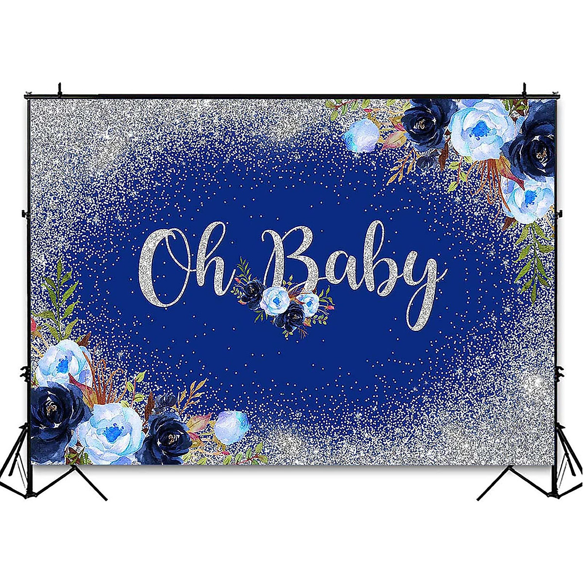 Avezano Navy Blue and Silver Baby Shower Backdrop for Boy Baby Shower Party Decorations Photography Background Glitter Silver Navy Blue Floral Oh Baby Party Decorations Backdrops (7x5ft)