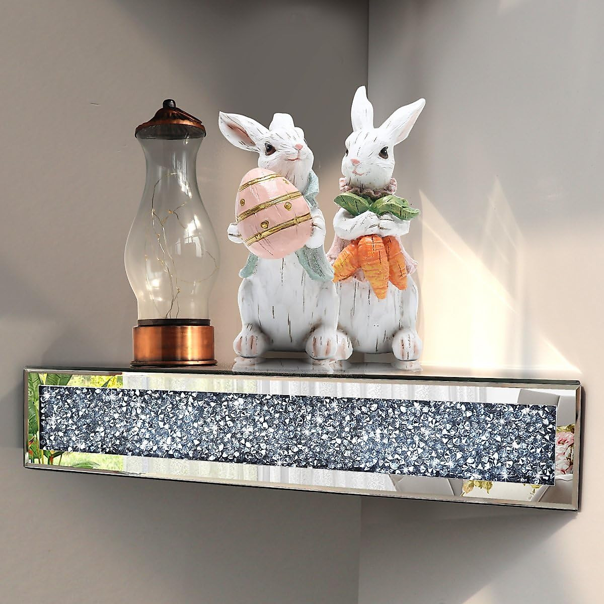 Mirrored Floating Conner Shelf, Silver Mirror Crushed Diamond Decorative Wall Shelf for Home Decoration Crystal Diamond Wall Art Decor Accent Piece Showcase 16.1" L×16.1" W×4.3" H, Set of 2