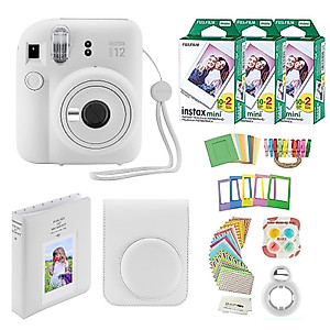 Fujifilm Instax Mini 12 Instant Camera with Case, 60 Fujifilm Prints, Decoration Stickers, Frames, Photo Album and More Accessories (Clay White)