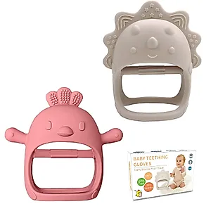 Baby Teething Toys, JUSONEY 2 Packs Anti-Drop Silicone Teething Mitten for Babies 3+ Months, Baby Teething Gloves 3D Chicken and Triceratops Shape Wrist Hand Teethers for Sucking Needs