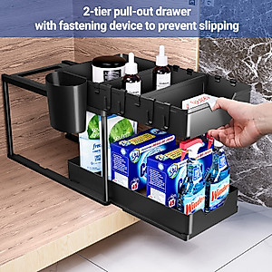 Puricon 2 Pack Under Sink Organizers and Storage 2-Tier Double Sliding Pull-out Drawer Bundle with 2 Pack Food Storage Bins, Stackable Organizer for Pantry Kitchen Fridge Clear Plastic Organizers