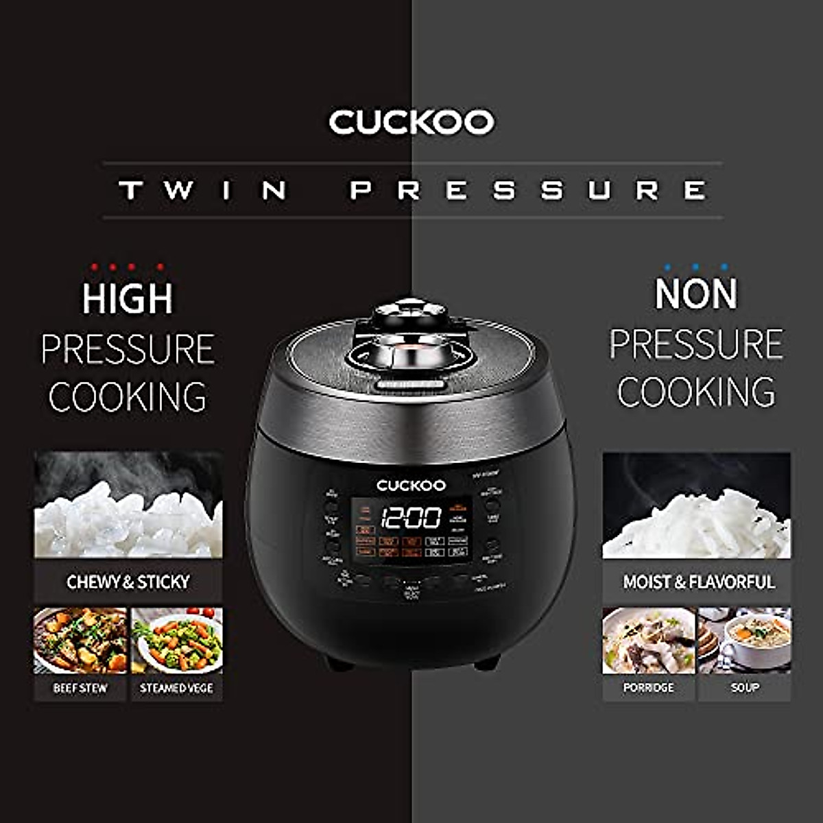 CUCKOO 6 Cup (Uncooked) 12 Cup (Cooked) Rice Cooker with Dual Pressure Modes, LED Display Panel, Durable Non-Stick Inner Pot with Optimal Heat Distribution & Dual Motion Gasket | (Black, CRP-RT0609FB)