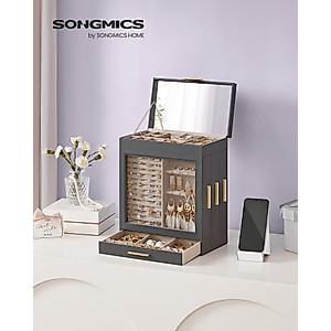 SONGMICS Jewelry Box with Glass Window, 5-Layer Jewelry Organizer with 3 Side Drawers, Jewelry Storage, with Big Mirror, Modern, 6.1 x 10.3 x 12.6 Inches, Slate Gray and Metallic Gold UJBC162G01