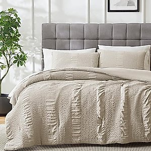 palassio Seersucker Beige King Size Comforter Set, 3 Pieces Soft Washed Microfiber Tan with 2 Pillow Cases, Cream Fluffy Down Alternative Bedding for All Season 104x90 inches