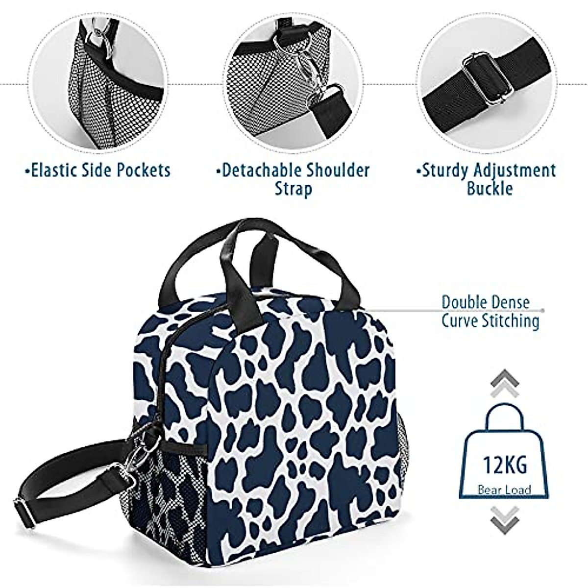 Kids Lunch Bag, Insulated Leakproof Lunch Box Containers Resuable Cooler Lunch Tote Bag with Detachable Adjustable Shoulder Strap & Side Pockets for Teen Girls Boys School Travel Picnic in Cute Cow