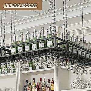 Black Ceiling Hanging Wine Rack ，Home Bar Iron Wine Bottle Storage Holder Kitchen Wall Mounted Stemware Glasses Metal Shelf Floating Organizer Shelves (Size : 100x25x20cm)