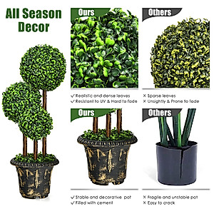 Goplus 3 Ft Artificial Boxwood Topiary Tree, 2 Pack Fake Greenery Plants Triple Ball Tree, Leaves & Cement-Filled Plastic Flower Pot Decorative Trees for Home, Office, Indoor and Outdoor Use