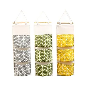 3Pcs Wall Hanging Storage Bag, Creatiee Waterproof Over The Door Closet Organizer Linen Farbric Hanging Pocket Organizer with 3 Remote-Sized Width Pockets for Bedroom