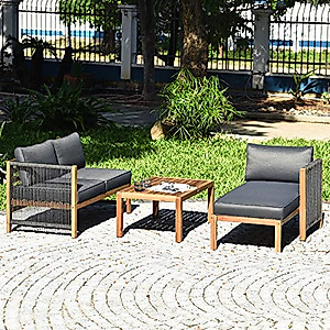 Tangkula L Shape Outdoor Furniture Set, 3 Piece Acacia Wood Patio Conversation Set, with 2 loveseats and Coffee Table, Garden Backyard Poolside Patio Seating Set
