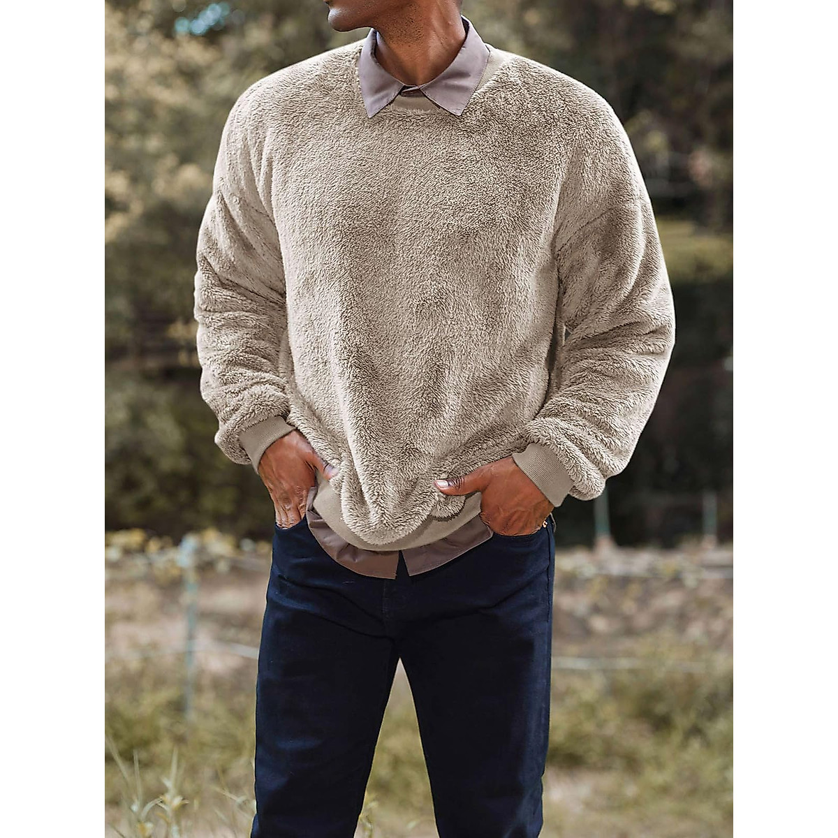 Runcati Mens Fuzzy Sherpa Sweatshirt Long Sleeve Fluffy Crew Neck Pullover Cozy Basic Unisex Fall Winter Warm Tops