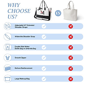 Floral Ini-tial Beach Bag w Makeup Bag, Personalized Customized Friend Birthday Mom Bridal Shower Gifts, Can-vas Tote Bag for Women w Inner Pocket, Side Pocket, Shoulder Strap, Gift Box, Card, Gifts L