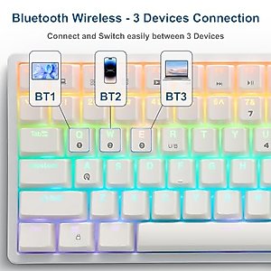 HUO JI Wireless Mechanical Gaming Keyboard, Programmable RGB Backlit, Bluetooth 5.0, Red Switches, 84 Keys, Wired 60% Keyboard for iPad, iMac Android/Windows Tablet Laptop Desktop, White