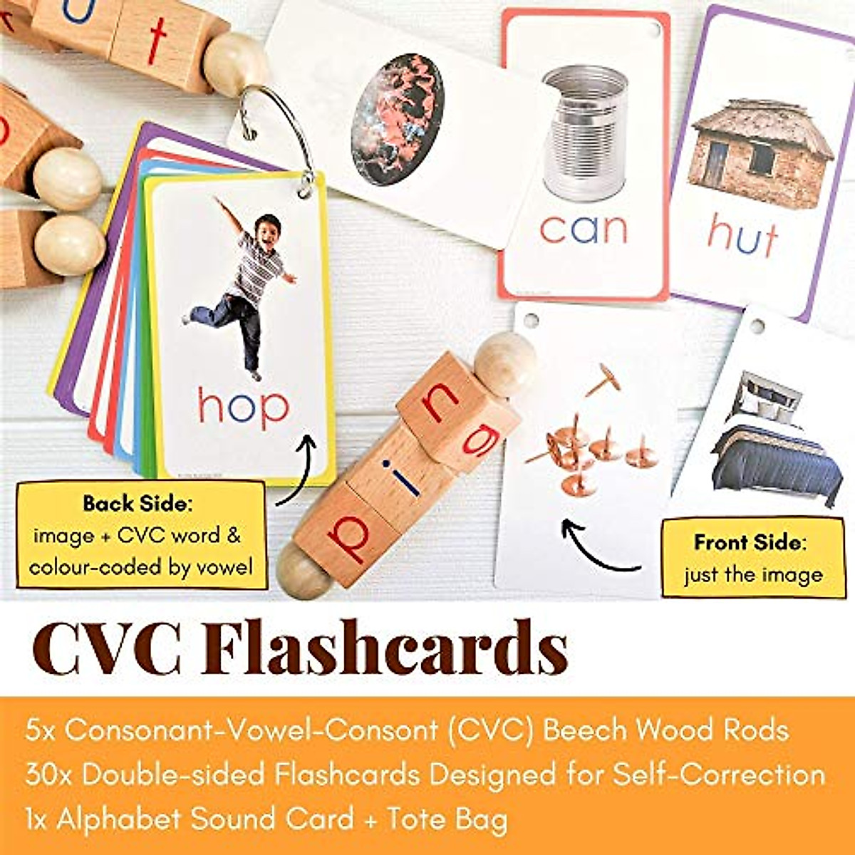 LITTLE BUD KIDS Spin-and-Read Montessori Phonetic Reading Blocks and CVC Phonics Wooden Toy Set for Beginner Readers