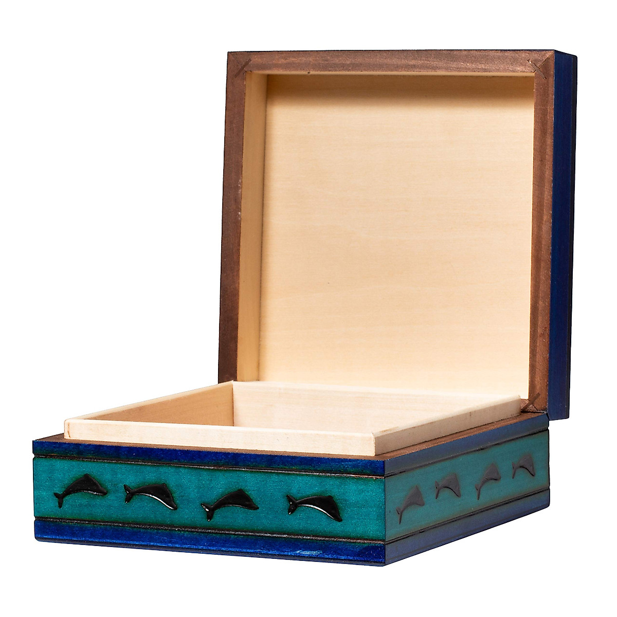 Artisan Owl Polish Handmade Joyful Dolphins 6" Wooden Box with Vivid Colors