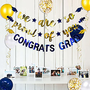 Navy Blue Gold 2023 Graduation Party Decorations We are So Proud of You Congrats Grad Graduation Banner Graduation Cap Diploma Star Garland Backdrop for Congratulations 2023 Grad Party Supplies