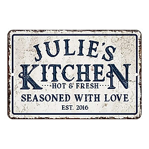 Personalized Vintage Distressed Look Kitchen Seasoned with Love Metal Room Sign (8x12 Inches)