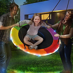 Trekassy 700lbs 40" Saucer Tree Swing for Kids Adults Outdoor with LED Lights, 2 Tree Hanging Straps-Rainbow