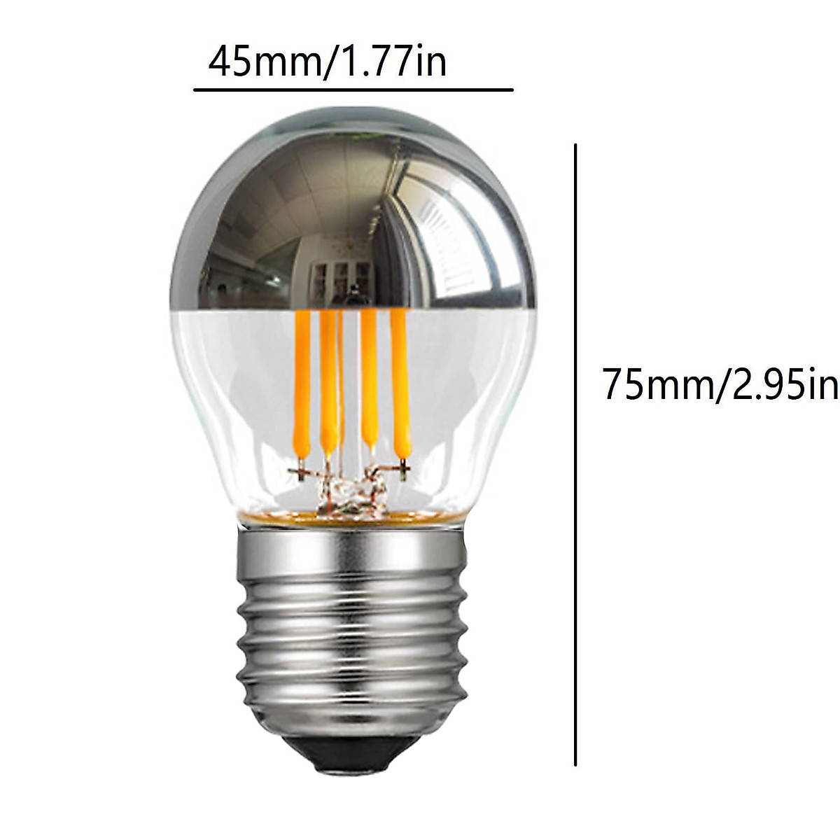 YDJoo Half Chrome Light Bulb 4W Dimmable G45 Silver Mirror Reflected Light 40W Equivalent Warm White 2700K Silver Tipped Mirror Light Bulb E26 Base Decorative LED Edison Bulb, 6 Pack
