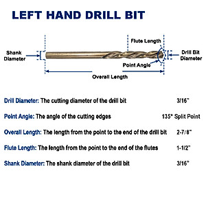 3/16-Inch Cobalt Steel M35 Left Hand Drill Bit for Removing Damaged Bolts and Screws, Pack of 6
