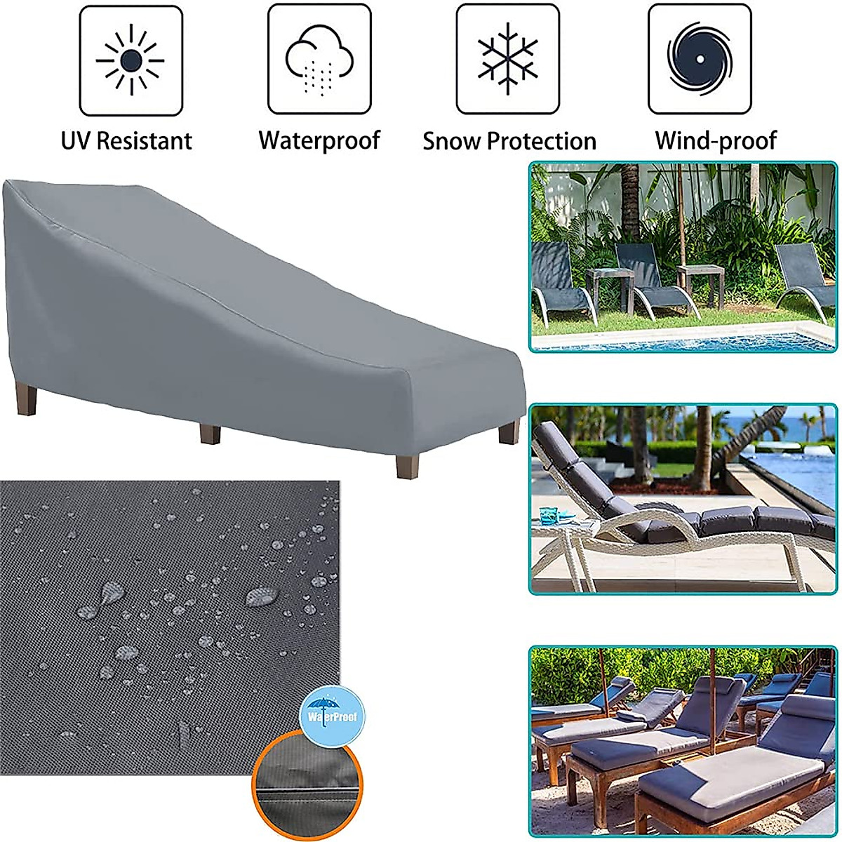 Patio Chaise Lounge Cover Grey Skyour Waterproof Heavy Duty Outdoor Recliner Cover SUN Pool Bench Chaise Longue Chair Furniture Covers for Garden Yard (2)
