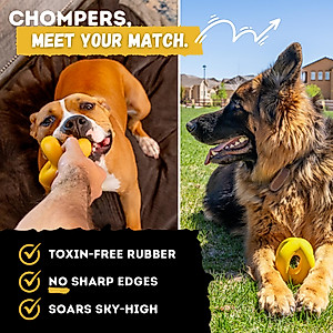 WoofBite Indestructible Ring Ball - Lifetime Replacement - for Aggressive Chewers, Medium Large Breed - Non-Toxic Natural Rubber Dog Toys - Butter Scent, Yellow (Highly Visible Color for Dogs) - 4.5”