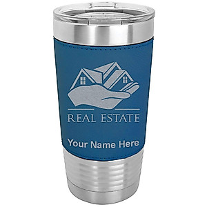 LaserGram 20oz Vacuum Insulated Tumbler Mug, Real Estate, Personalized Engraving Included (Faux Leather, Blue)
