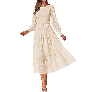 BTFBM Casual Women's 2025 Fall Dresses Elegant Wedding Guest Dress Long Sleeve Floral Midi Dress Flowy Bohemian Long Dress(Apricot,Small)