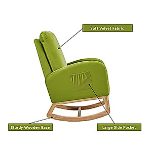 Setawix Rocking Chair for Nursery, Midcentury Modern Accent Rocker Armchair with Side Pocket, Upholstered High Back Wooden Rocking Chair for Living Room Baby Room Bedroom (Green - Velvet)