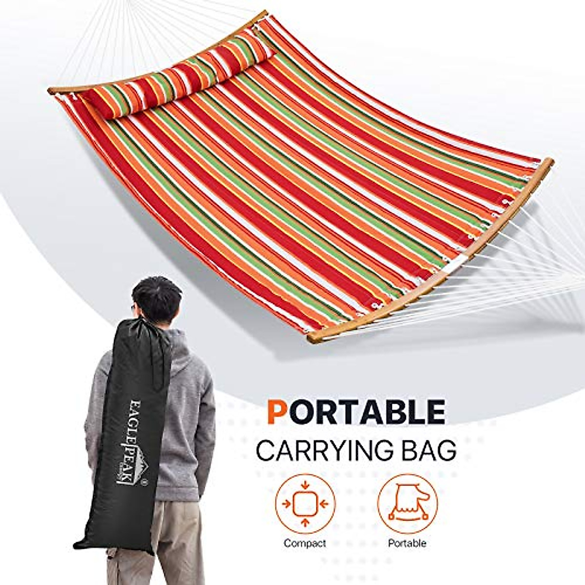 EAGLE PEAK 11 FT Double Hammock Quilted Fabric Hammock with Bamboo Wood Spreader Bars & Detachable Pillow, 2 Person Portable Hammock for Outdoor Patio Yard, 440 Pound Capacity, Red Stripe