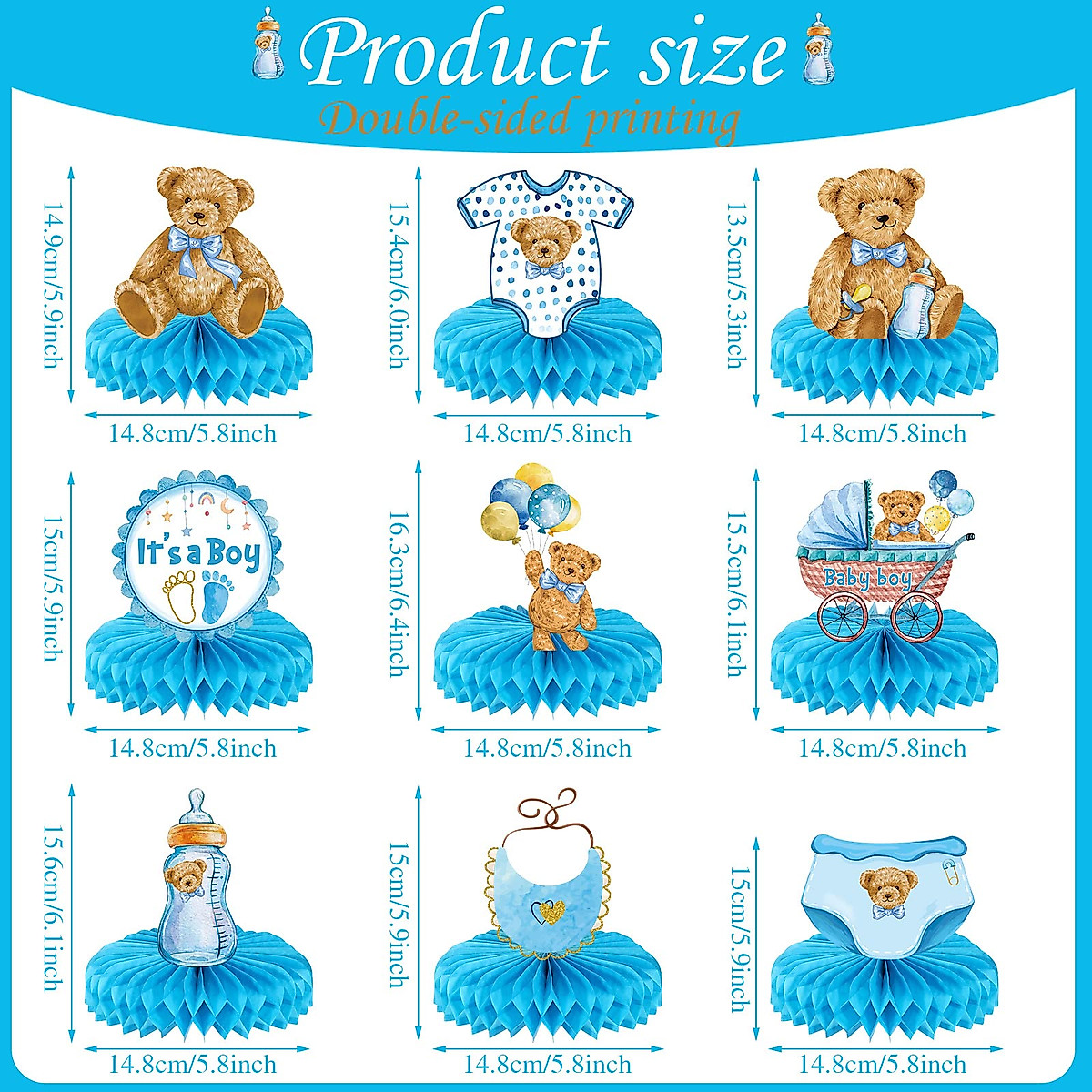 9 Pcs Bear Honeycomb Centerpieces It's a Boy Baby Shower Table Decorations Blue Bear Party Supplies Bear Themed Kids' Party Centerpieces Table Topper Decoration for Gender Reveal Parties