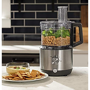 GE Food Processor | 12 Cup | Complete With 3 Feeding Tubes & Stainless Steel Accessories - 3 Discs + Dough Blade | 3 Speed | Great for Shredded Cheese, Chicken & More | Kitchen Essentials | 550 Watts