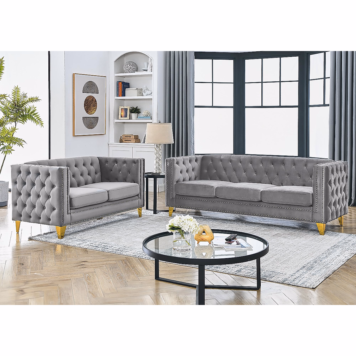 JEEOHEY Chesterfield Sofa,Oversized Velvet Loveseat Sofa Couch,2 Seater Deep Seat Sofa,Modern Sofa Chair with Button Nailhead,Upholstered Futon Couches,Furniture for Living Room,Bedroom,Office(Grey)