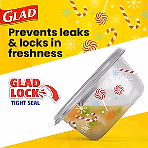GladWare Soup & Salad Medium Rectangle Holiday Edition Food Storage Containers with Lids | 24 oz Holiday Containers with Silver Lids & Candy Cane Design, 5Ct | Airtight Food Storage Containers