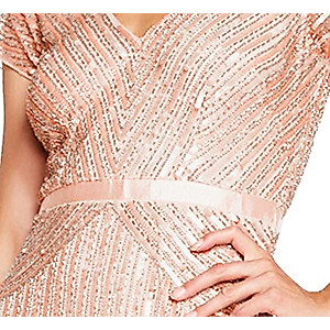 Adrianna Papell Women's Long Beaded V-Neck Dress with Cap Sleeves and Waistband, Blush, 6